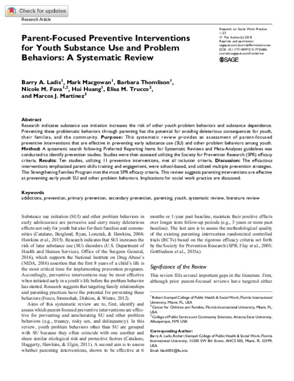 (PDF) Parent-Focused Preventive Interventions for Youth Substance Use and Problem Behaviors: A ...