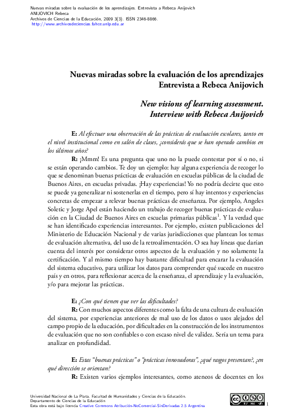 (PDF) Nuevas miradas sobre la evaluación de los aprendizajes: Entrevista a Rebeca Anijovich ...