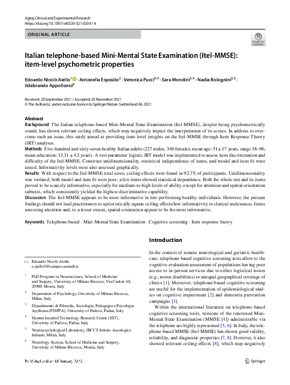 (PDF) Italian telephone-based Mini-Mental State Examination (Itel-MMSE ...