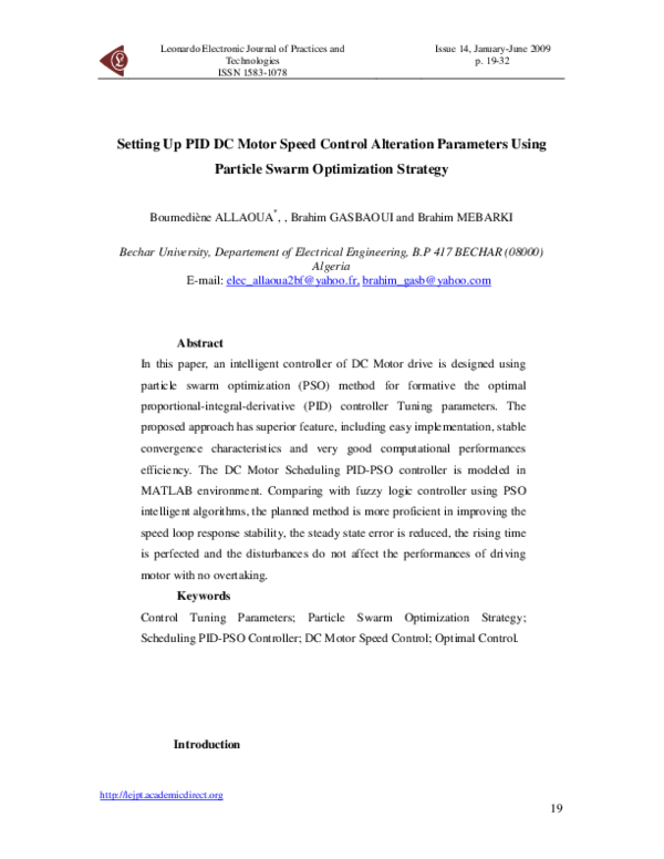 (PDF) Setting Up PID DC Motor Speed Control Alteration Parameters Using Particle Swarm ...