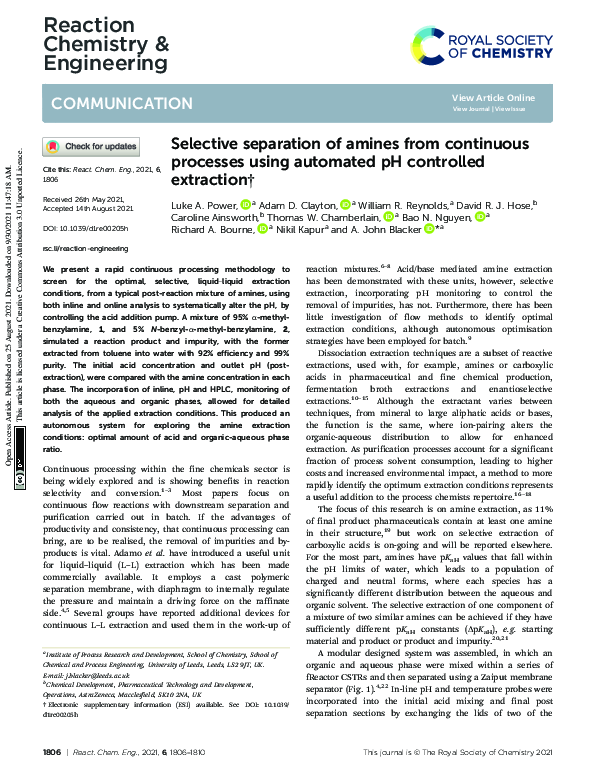 (PDF) Selective separation of amines from continuous processes using ...