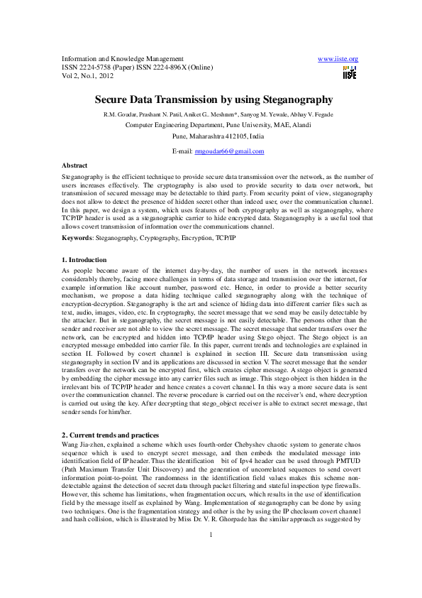 Pdf 1 Secure Data Transmission By Using Steganography