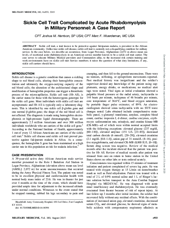 (PDF) Sickle Cell Trait Complicated by Acute Rhabdomyolysis in Military ...