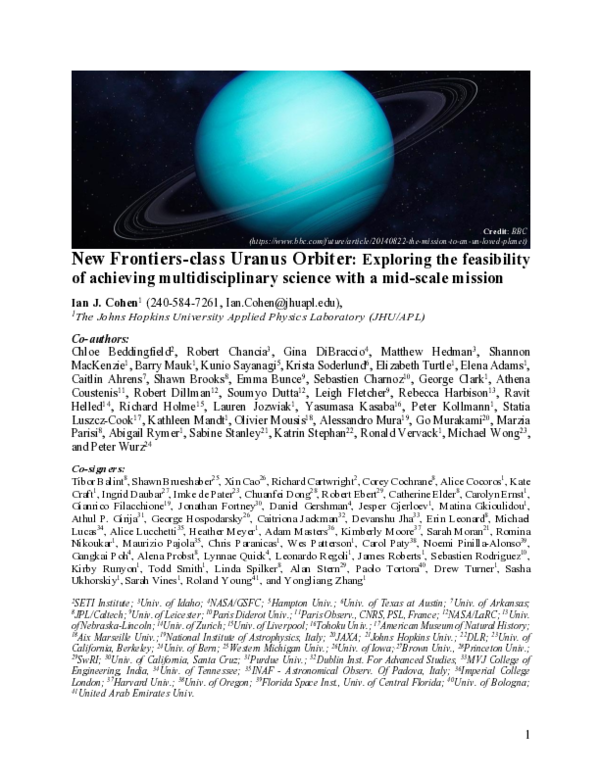 (PDF) New Frontiers-class Uranus Orbiter: Exploring the feasibility of achieving ...
