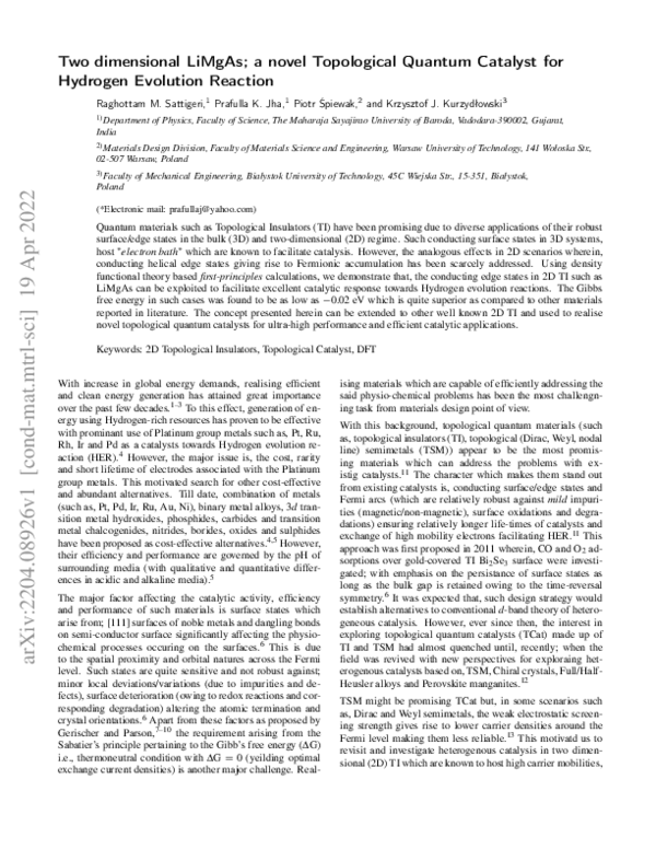 (PDF) Two dimensional LiMgAs: A topological quantum catalyst for ...