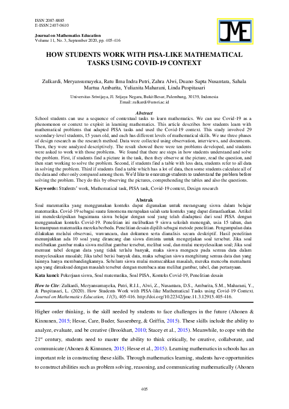 (PDF) How Students Work with Pisa-Like Mathematical Tasks Using COVID-19 Context | Sahala ...