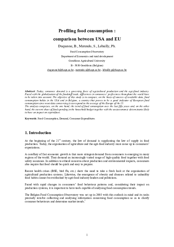(PDF) Profiling food consumption : comparison between USA and EU