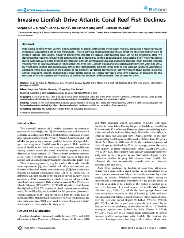 (PDF) Invasive Lionfish Drive Atlantic Coral Reef Fish Declines