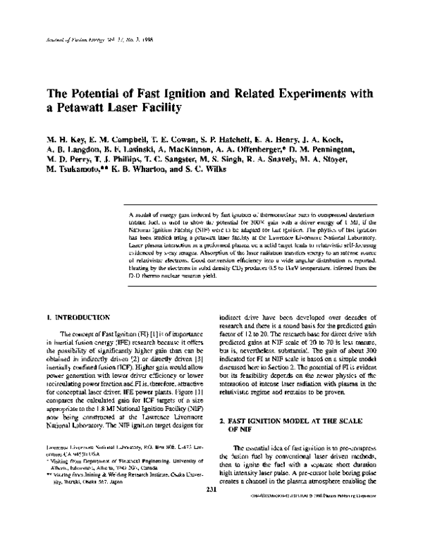 (PDF) The potential of fast ignition and related experiments with a ...