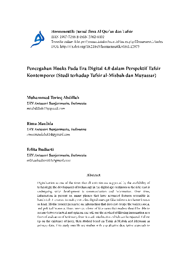 (PDF) Pencegahan Hoaks Pada Era Digital 4.0 dalam Perspektif Tafsir ...