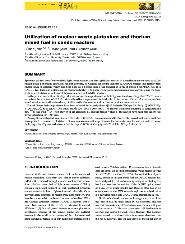 (PDF) Utilization of nuclear waste plutonium and thorium mixed fuel in ...