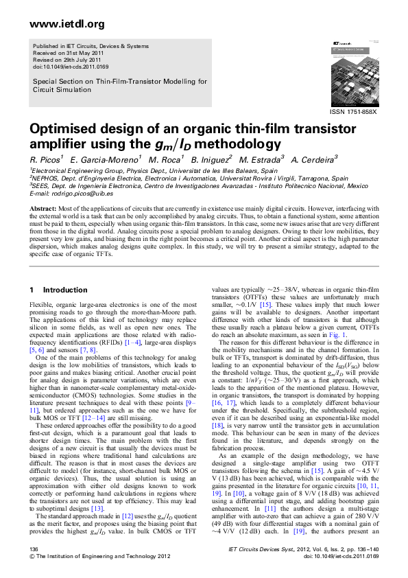 (PDF) Optimised design of an organic thin-film transistor amplifier ... (PDF) Optimised design of an organic thin-film transistor amplifier ...