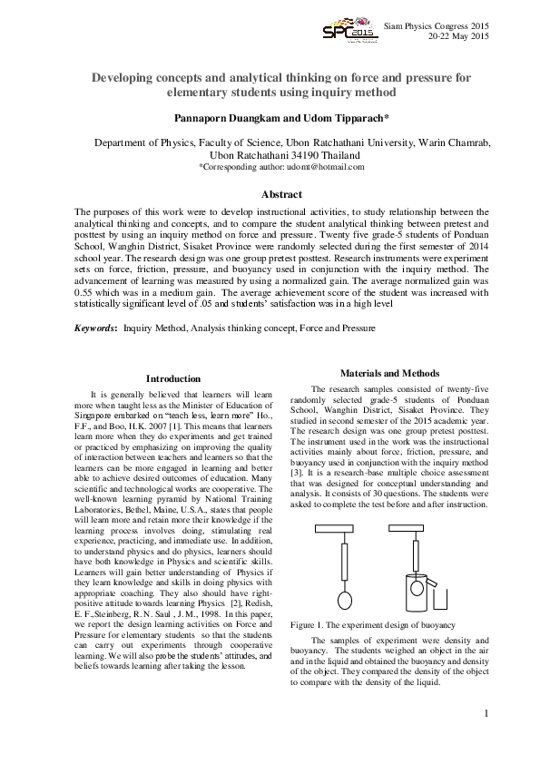 (PDF) Developing concepts and analytical thinking on force and pressure for elementary students ...