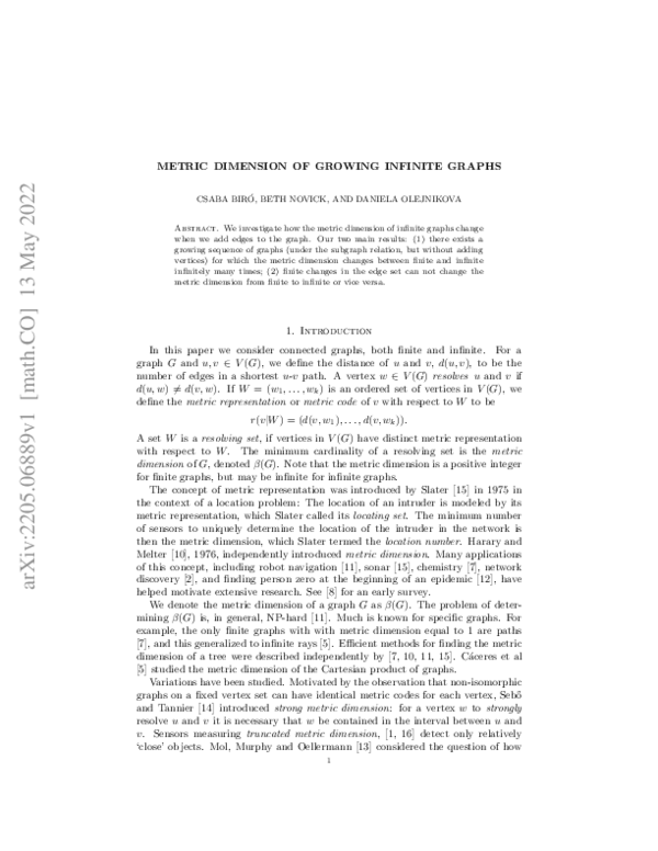 (PDF) Metric dimension of growing infinite graphs