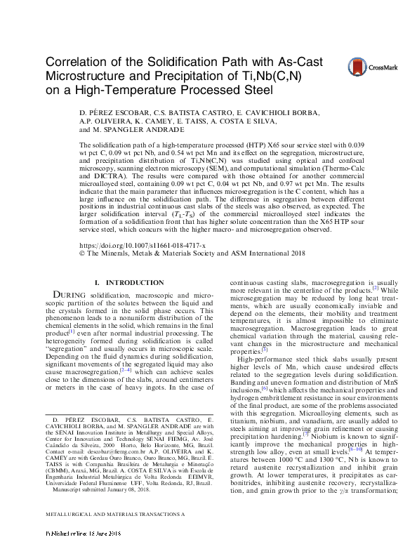 (PDF) Correlation of the Solidification Path with As-Cast Microstructure and Precipitation of Ti ...