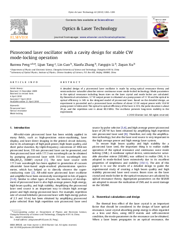 (PDF) Picosecond laser oscillator with a cavity design for stable CW mode-locking operation