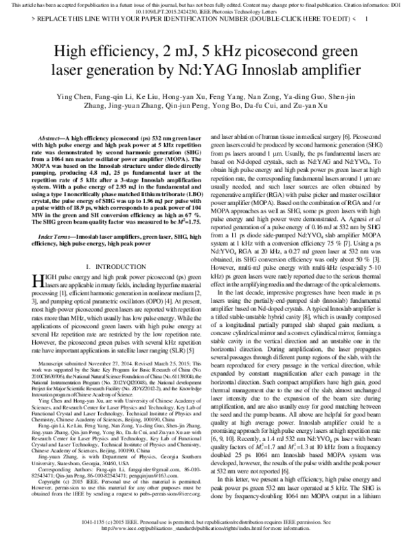 (PDF) High-Efficiency 2-mJ 5-kHz Picosecond Green Laser Generation by Nd:YAG Innoslab Amplifier