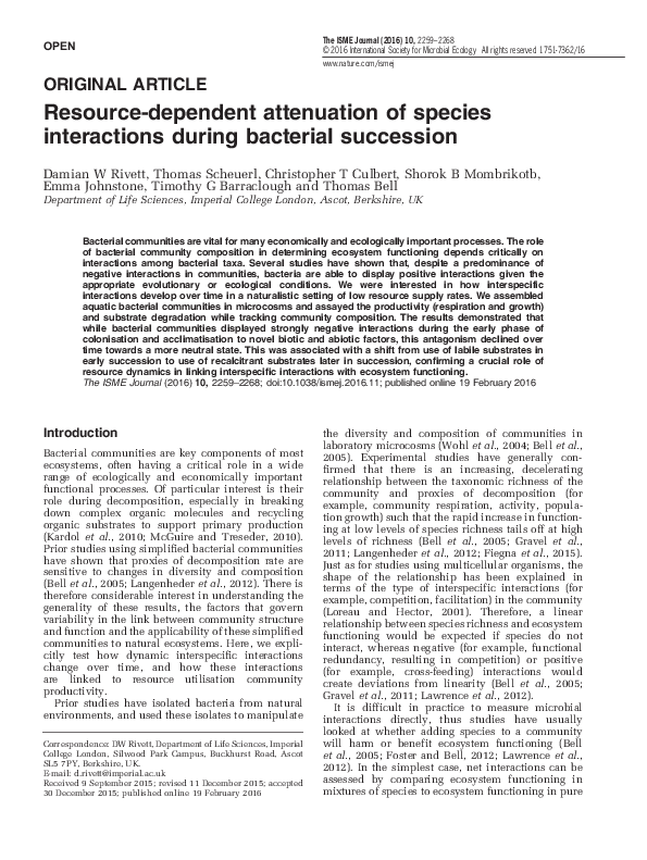 (PDF) Resource-dependent attenuation of species interactions during ...