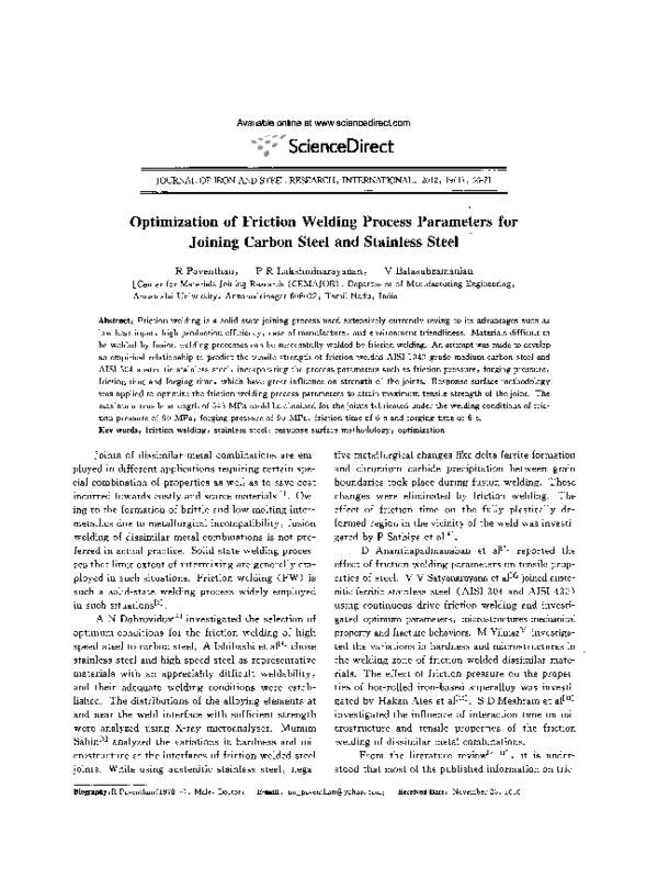 (PDF) Optimization of Friction Welding Process Parameters for Joining Carbon Steel and Stainless ...
