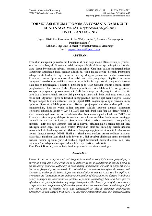 (PDF) Formulasi Serum Liposom Antosianin dari Kulit Buah Naga Merah ...
