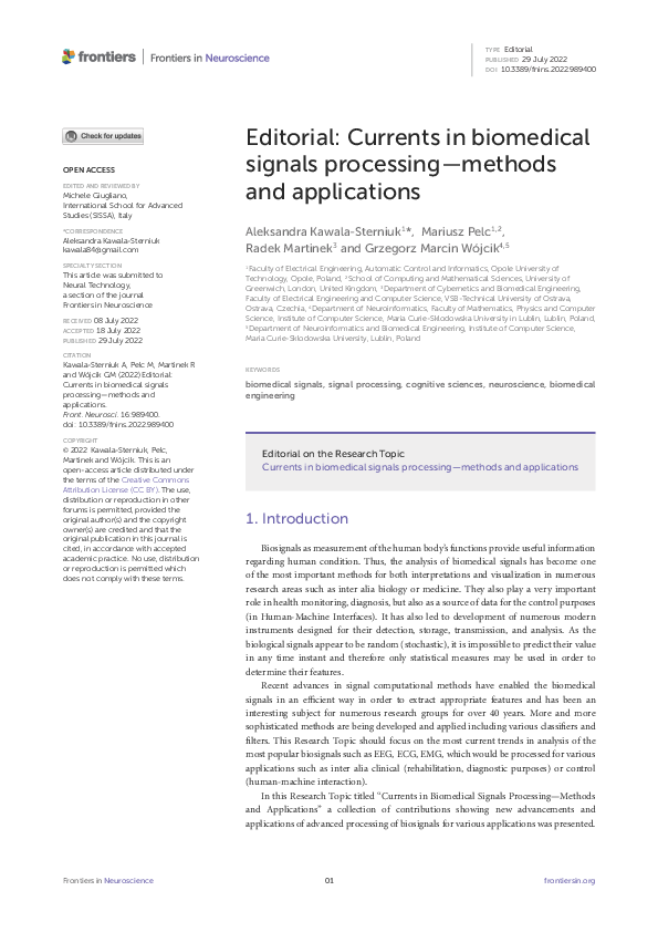 (PDF) Editorial: Currents in biomedical signals processing-methods and applications