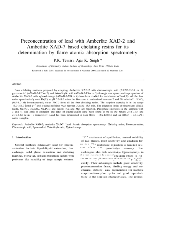 (PDF) Preconcentration of lead with Amberlite XAD-2 and Amberlite XAD-7 based chelating resins ...
