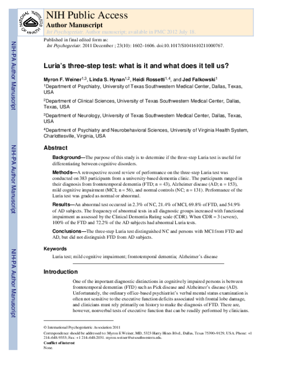 (PDF) Luria's three-step test: what is it and what does it tell us?