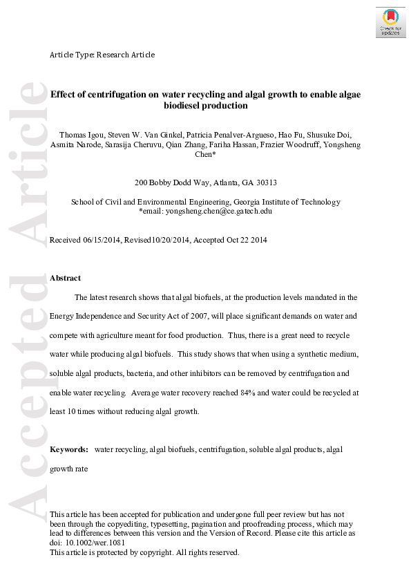 (PDF) Effect of Centrifugation on Water Recycling and Algal Growth to ...