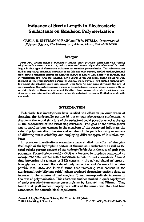 (PDF) Influence of steric length in electrosteric surfactants on ...