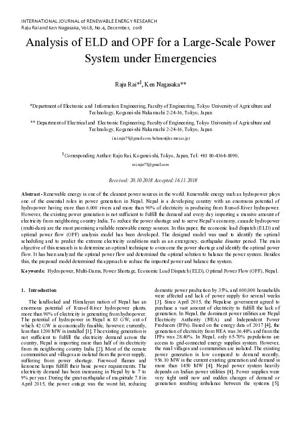 (PDF) Analysis of ELD and OPF for a Large-Scale Power System under Emergencies | Raju Rai ...