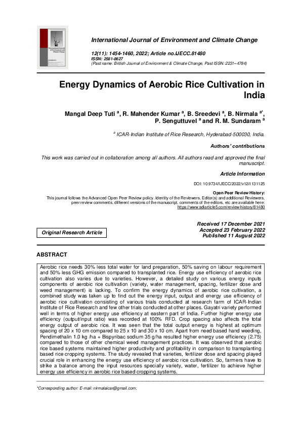 (PDF) Energy Dynamics of Aerobic Rice Cultivation in India