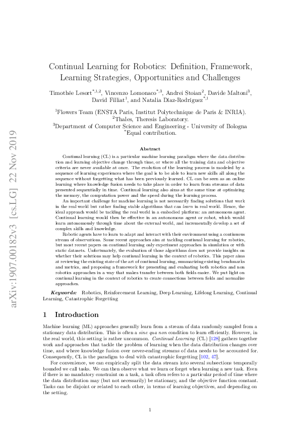 (PDF) Continual learning for robotics: Definition, framework, learning strategies, opportunities ...