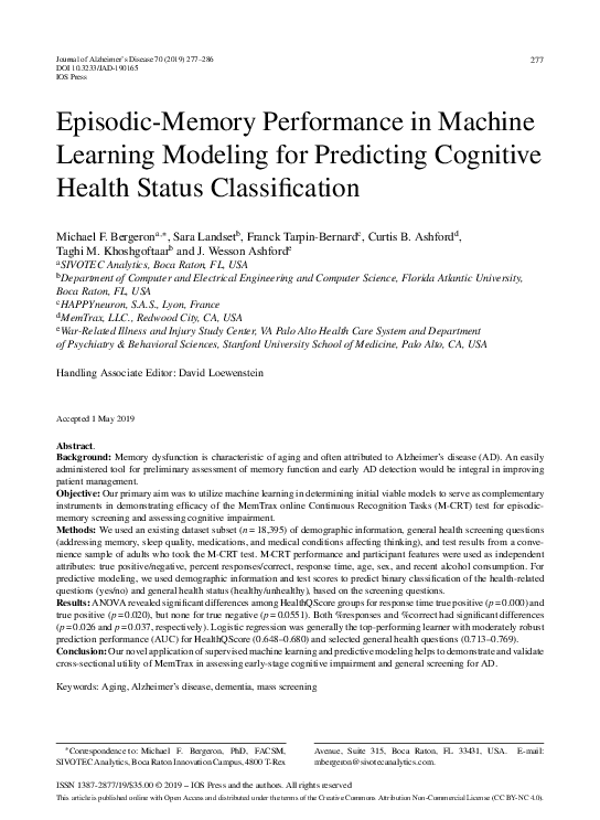 Pdf Episodic Memory Performance In Machine Learning Modeling For Predicting Cognitive Health