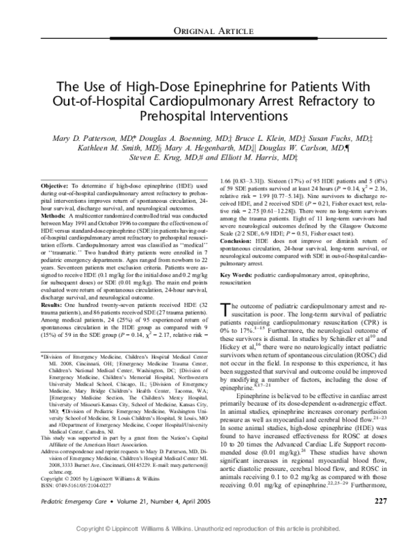 Pdf The Use Of High Dose Epinephrine For Patients With Out Of