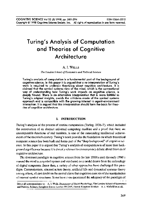 (PDF) Turing's Analysis of Computation and Theories of Cognitive Architecture