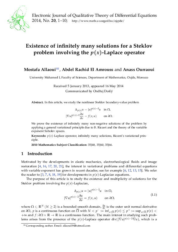 (PDF) Existence of infinitely many solutions for a Steklov problem involving the p(x)-Laplace ...