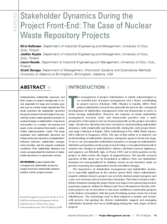 (PDF) Stakeholder Dynamics during the Project Front-End: The Case of ...