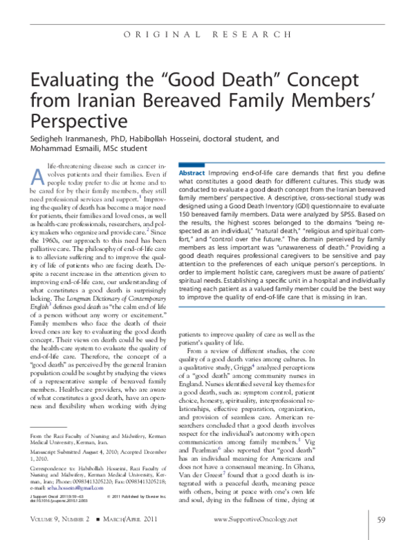 (PDF) Evaluating the “Good Death” Concept from Iranian Bereaved Family ...