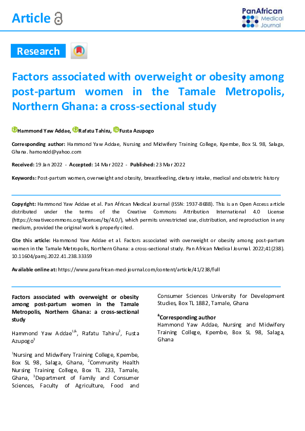 (PDF) Factors associated with overweight or obesity among post-partum ...