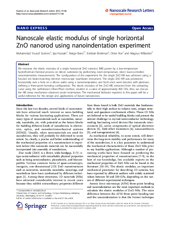 (PDF) Nanoscale elastic modulus of single horizontal ZnO nanorod using nanoindentation ...
