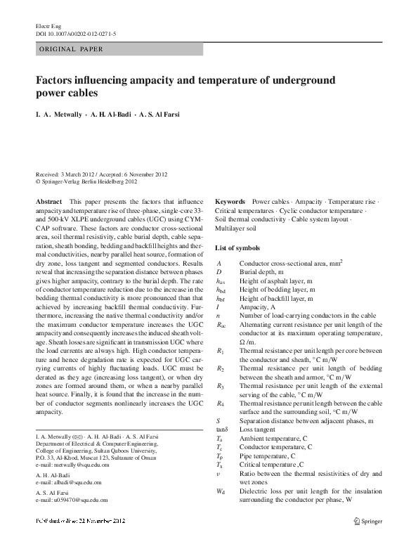 (PDF) Factors influencing ampacity and temperature of underground power ...