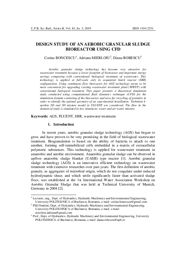 (PDF) Design Study of an Aerobic Granular Sludge Bioreactor Using CFD