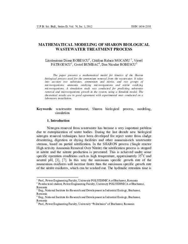 (PDF) Mathematical modeling of Sharon biological wastewater treatment ...