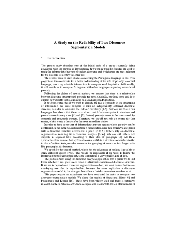 (PDF) A Study on the Reliability of Two Discourse Segmentation Models
