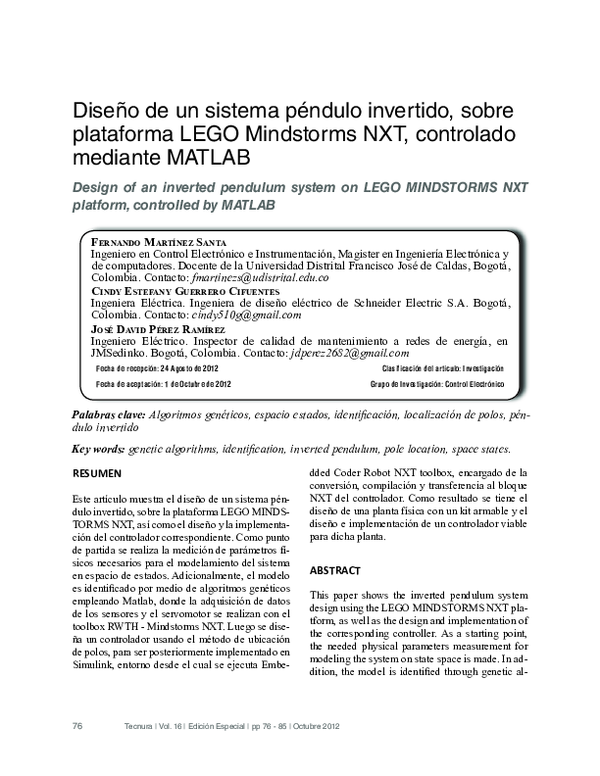 (PDF) Diseño De Un Sistema Péndulo Invertido, Sobre Plataforma Lego Mindstorms NXT, Controlado ...
