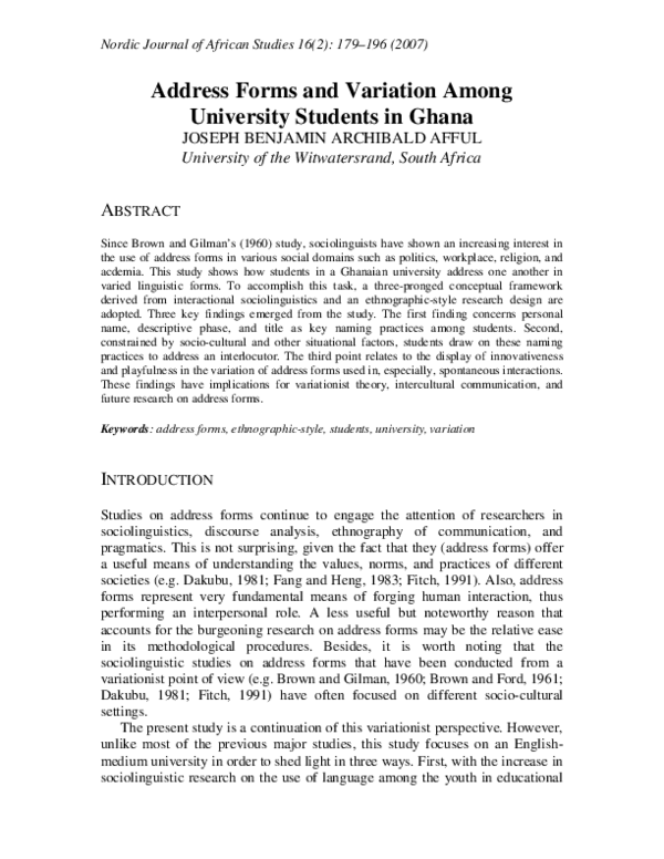 (PDF) Variation in Address Forms Among Ghanaian University Students