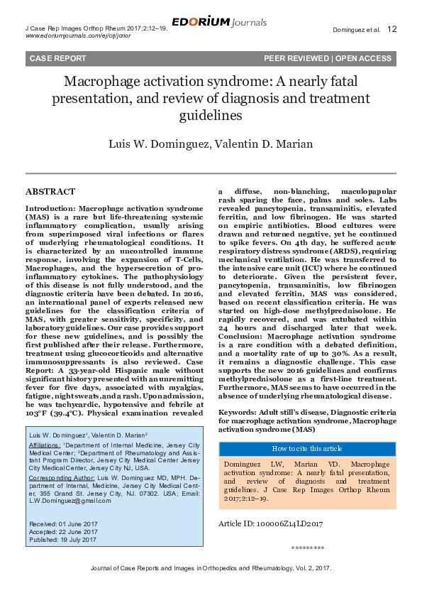 (PDF) Macrophage activation syndrome: A nearly fatal presentation, and ...