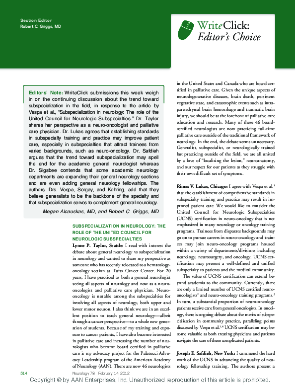 (PDF) WriteClick: Editor’s Choice SUBSPECIALIZATION IN NEUROLOGY: THE ...