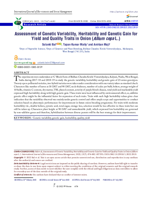 (PDF) Assessment of Genetic Variability, Heritability and Genetic Gain for Yield and Quality ...