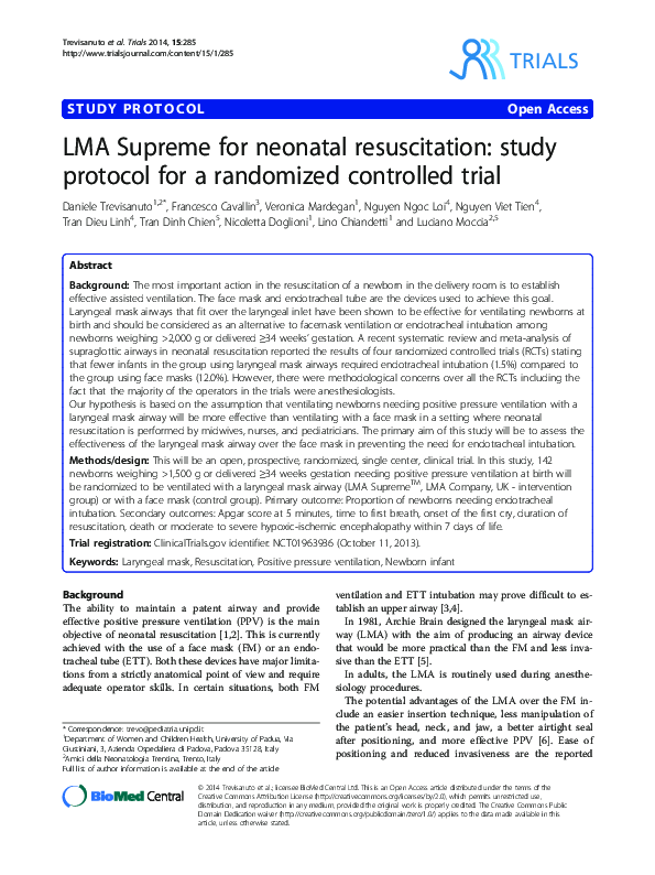 (PDF) LMA Supreme for neonatal resuscitation: study protocol for a ...